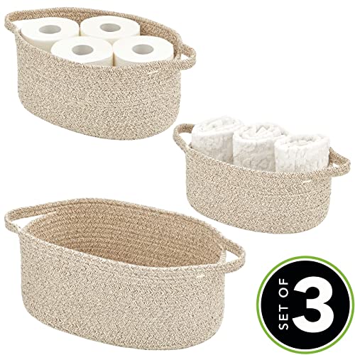 mDesign Rustic Casual Woven Cotton Rope Bathroom Basket with Handles - Storage Organizer Set for Countertop, Floor, Closet or Vanity - Holds Toilet Paper, Towels, or Magazines - Set of 3, Brown