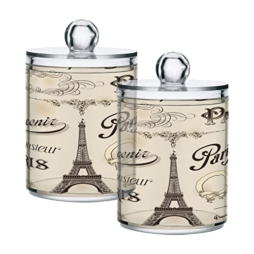 DOMIKING Paris Calligraphy 2 Pack Cotton Swab Holder Dispenser Plastic Jar Bathroom Storage Canister Acrylic Containers for Cotton Ball Cotton Swab Cotton Round Pads