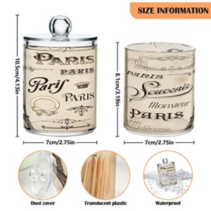 DOMIKING Paris Calligraphy 2 Pack Cotton Swab Holder Dispenser Plastic Jar Bathroom Storage Canister Acrylic Containers for Cotton Ball Cotton Swab Cotton Round Pads