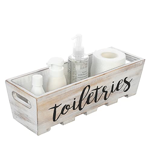 MyGift White Washed Solid Wood Toilet Tank Tray Bathroom Vanity Tray for Toiletries and Guest Towel Storage Organizer with Toiletries Cursive Writing Design