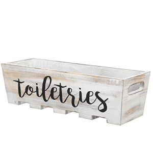 MyGift White Washed Solid Wood Toilet Tank Tray Bathroom Vanity Tray for Toiletries and Guest Towel Storage Organizer with Toiletries Cursive Writing Design