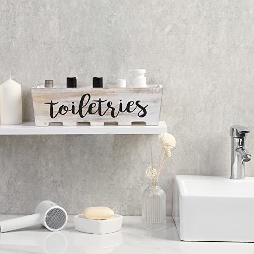 MyGift White Washed Solid Wood Toilet Tank Tray Bathroom Vanity Tray for Toiletries and Guest Towel Storage Organizer with Toiletries Cursive Writing Design