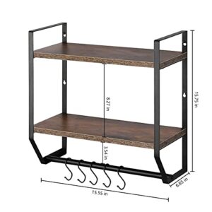 Vrisa Bathroom Wall Shelf with Towel Bar Bathroom Shelves Wall Mounted 2 Tier Towel Rack with Shelf and 5 Hooks Rustic Storage Organizer for Kitchen Bedroom (Brown+Black)