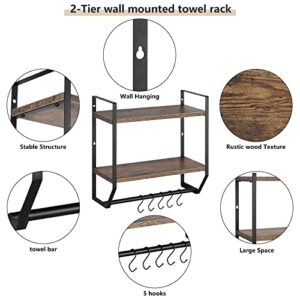 Vrisa Bathroom Wall Shelf with Towel Bar Bathroom Shelves Wall Mounted 2 Tier Towel Rack with Shelf and 5 Hooks Rustic Storage Organizer for Kitchen Bedroom (Brown+Black)