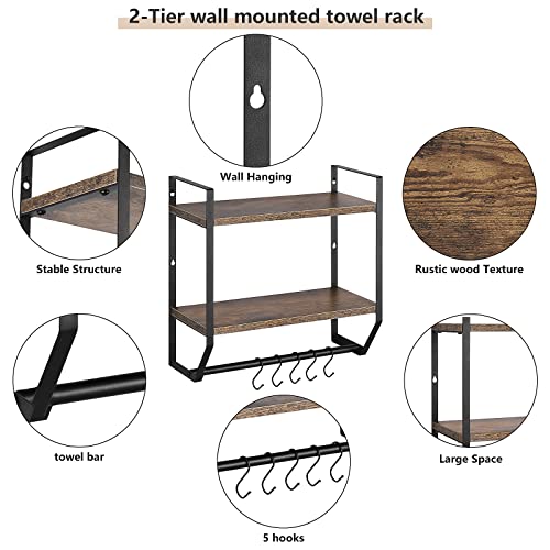 Vrisa Bathroom Wall Shelf with Towel Bar Bathroom Shelves Wall Mounted 2 Tier Towel Rack with Shelf and 5 Hooks Rustic Storage Organizer for Kitchen Bedroom (Brown+Black)