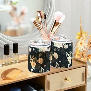 Gredecor 4 Pack Qtip Dispenser Apothecary Jars Bathroom Organizer, Romantic Pink Gold Flowers Black Qtip Holder Storage Canister Plastic Acrylic Jar for Cotton Ball/Swab/Rounds