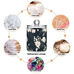 Gredecor 4 Pack Qtip Dispenser Apothecary Jars Bathroom Organizer, Romantic Pink Gold Flowers Black Qtip Holder Storage Canister Plastic Acrylic Jar for Cotton Ball/Swab/Rounds