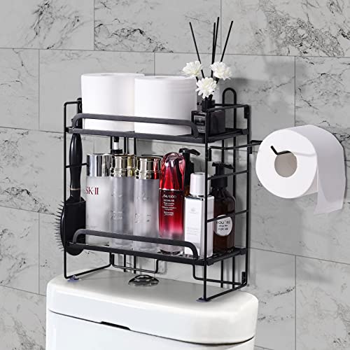 Over The Toilet Storage Shelf, 2 Tier Bathroom Organizer Over Toilet with Toilet Paper Holder & 2 Hooks, No Drilling Space Saver with Wall Mounting Design (Black)