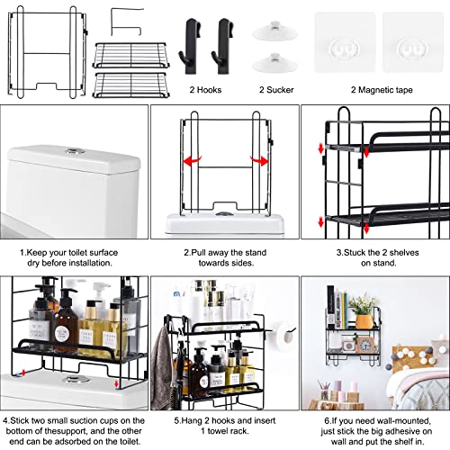 Over The Toilet Storage Shelf, 2 Tier Bathroom Organizer Over Toilet with Toilet Paper Holder & 2 Hooks, No Drilling Space Saver with Wall Mounting Design (Black)