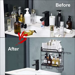 Over The Toilet Storage Shelf, 2 Tier Bathroom Organizer Over Toilet with Toilet Paper Holder & 2 Hooks, No Drilling Space Saver with Wall Mounting Design (Black)