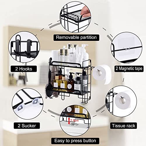 Over The Toilet Storage Shelf, 2 Tier Bathroom Organizer Over Toilet with Toilet Paper Holder & 2 Hooks, No Drilling Space Saver with Wall Mounting Design (Black)