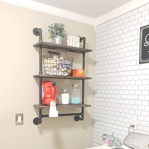 Ucared Vintage Industrial Pipe Bathroom Shelves Wall Mounted, 3-Tier 24" Rustic Wall Shelf with Bath Towel Bars,Farmhouse Towel Rack,Metal & Wooden Floating Shelves,Over The Toilet Storage Shelf