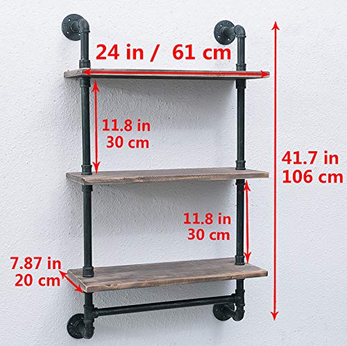 Ucared Vintage Industrial Pipe Bathroom Shelves Wall Mounted, 3-Tier 24" Rustic Wall Shelf with Bath Towel Bars,Farmhouse Towel Rack,Metal & Wooden Floating Shelves,Over The Toilet Storage Shelf