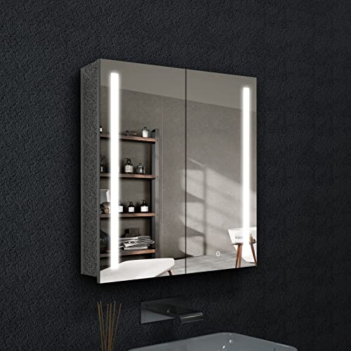 MAXTOR 30x30 Inch Recessed or Surface Mount Medicine Cabinets for Bathroom with Mirror and Lights Dimmable, Anti-Fog, 3 Adjustable Tempered Glass Shelves, Electrical Outlet&USB, 2 Mirrored Doors