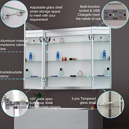 MAXTOR 30x30 Inch Recessed or Surface Mount Medicine Cabinets for Bathroom with Mirror and Lights Dimmable, Anti-Fog, 3 Adjustable Tempered Glass Shelves, Electrical Outlet&USB, 2 Mirrored Doors