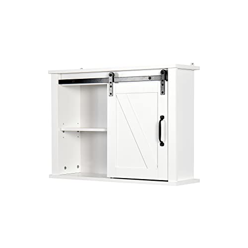 Knocbel Farmhouse Bathroom Wall Storage Cabinet, Over The Toilet Medicine Cabinet, Space Saving Sliding Barn Door Cupboard with Adjustable Shelves & Metal Handles, 27.2" L x 7.8" W x 19.7" H (White)