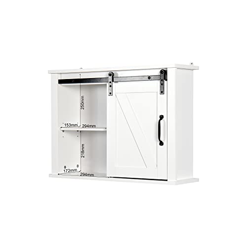 Knocbel Farmhouse Bathroom Wall Storage Cabinet, Over The Toilet Medicine Cabinet, Space Saving Sliding Barn Door Cupboard with Adjustable Shelves & Metal Handles, 27.2" L x 7.8" W x 19.7" H (White)