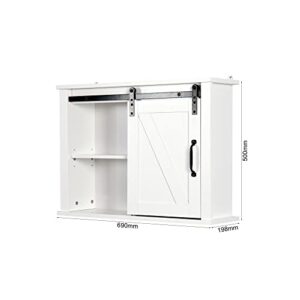 Knocbel Farmhouse Bathroom Wall Storage Cabinet, Over The Toilet Medicine Cabinet, Space Saving Sliding Barn Door Cupboard with Adjustable Shelves & Metal Handles, 27.2" L x 7.8" W x 19.7" H (White)