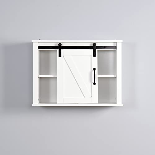 Knocbel Farmhouse Bathroom Wall Storage Cabinet, Over The Toilet Medicine Cabinet, Space Saving Sliding Barn Door Cupboard with Adjustable Shelves & Metal Handles, 27.2" L x 7.8" W x 19.7" H (White)