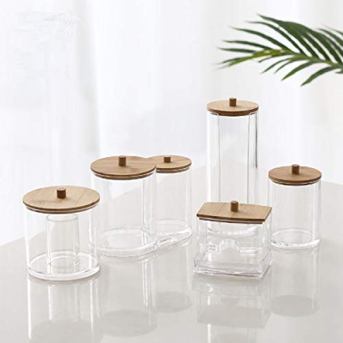 Yuema Clear Acrylic Cotton Pads Holder with Wooden Lid, Cotton Balls Swab Holder Container, Q-tip Dispenser Organiser Makeup Pad Box, Cosmetic Storage Case Bathroom