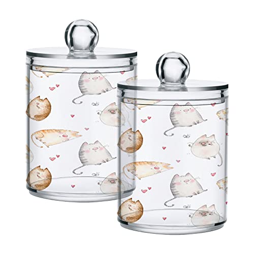 Kigai Cute Funny Cat Qtip Holder - 14OZ Clear Plastic Apothecary Jars Bathroom Canister Dispenser Organizer Vanity Storage Jar with Lid for Cotton Ball, Cotton Swab, Floss (2PACK)