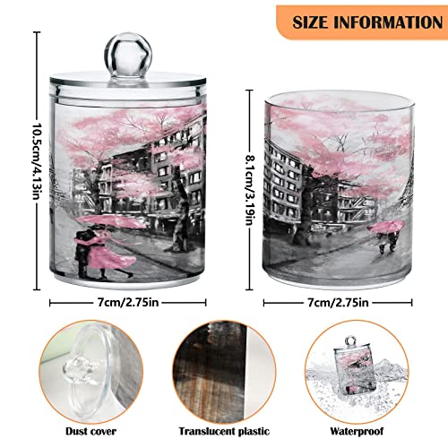 KEEPREAL Romantic Paris Tower Oil Painting Qtip Holder Dispenser with Lids, 2PCS Plastic Food Storage Canisters, Apothecary Jar Containers for Vanity Organizer Storage