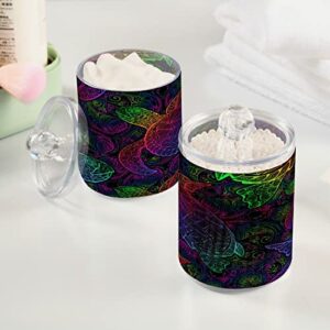 JUMBEAR 4 Pack Mandala Sea Turtle Qtip Holder Dispenser with Lid, 14 oz Clear Plastic Apothecary Jar Set for Bathroom Vanity Organizers Storage Containers