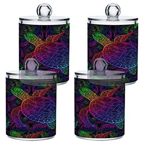 JUMBEAR 4 Pack Mandala Sea Turtle Qtip Holder Dispenser with Lid, 14 oz Clear Plastic Apothecary Jar Set for Bathroom Vanity Organizers Storage Containers