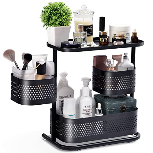 KINGRACK Bathroom Counter Organizer, 3 Tier Rotating Vanity Bedroom Storage cabinet, Cosmetic Holder Standing Shelf, Bathroom Tray for Countertop Storage, Kitchen Spice Rack,Black