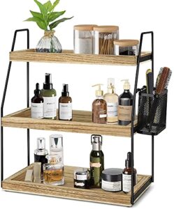 3-tier bathroom organizer countertop, wood bathroom countertop vanity organizer bathroom trays for counter, skincare organizer makeup cosmetic holder standing storage shelf, kitchen spice rack, brown