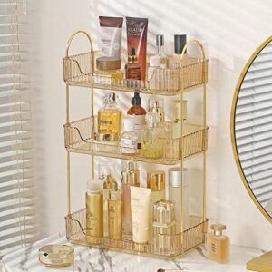 bathroom organizer countertop, vanity organizer trays for bathroom counter, bathroom tray counter organizer, plastic tray stand for perfume, makeup, skincare(yellow, 3 tiers)