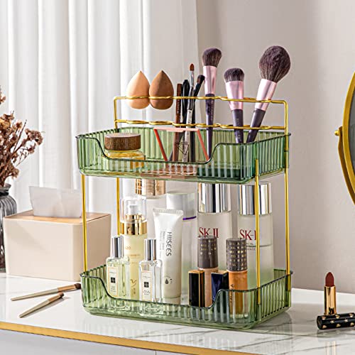 Shuang Qing 2 Tier Bathroom Counter Organizer, Skin Care Vanity Countertop Organizer, Makeup Brush Holder Organizer, Perfume Trays for Dresser and Toothbrush Holders for Bathrooms (Green)