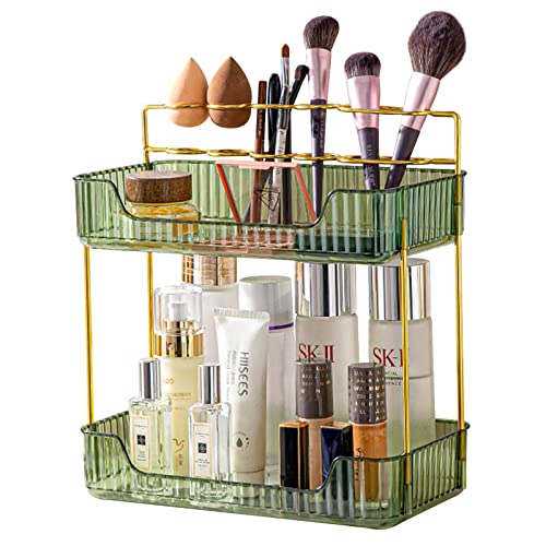 Shuang Qing 2 Tier Bathroom Counter Organizer, Skin Care Vanity Countertop Organizer, Makeup Brush Holder Organizer, Perfume Trays for Dresser and Toothbrush Holders for Bathrooms (Green)