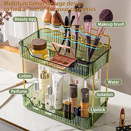 Shuang Qing 2 Tier Bathroom Counter Organizer, Skin Care Vanity Countertop Organizer, Makeup Brush Holder Organizer, Perfume Trays for Dresser and Toothbrush Holders for Bathrooms (Green)