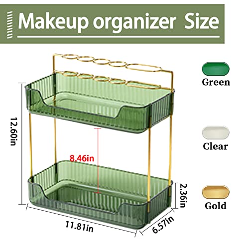 Shuang Qing 2 Tier Bathroom Counter Organizer, Skin Care Vanity Countertop Organizer, Makeup Brush Holder Organizer, Perfume Trays for Dresser and Toothbrush Holders for Bathrooms (Green)