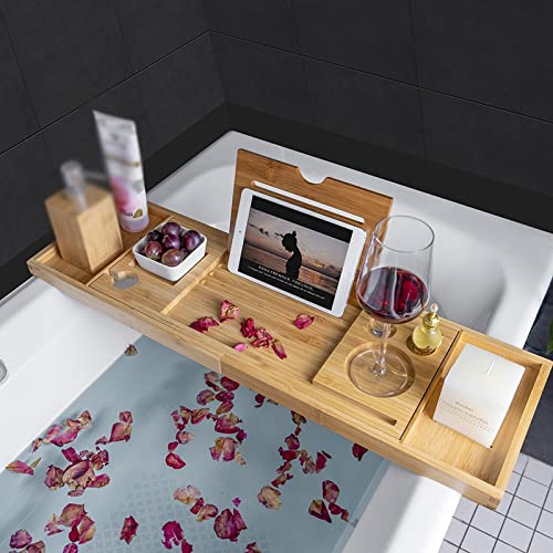 YEBDD Extendable Bathtub Tray Wooden Bath Organizer Rack Bathroom Book Wine Tablet Holder Reading Shelf Bath Tray