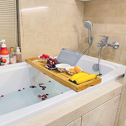 YEBDD Extendable Bathtub Tray Wooden Bath Organizer Rack Bathroom Book Wine Tablet Holder Reading Shelf Bath Tray