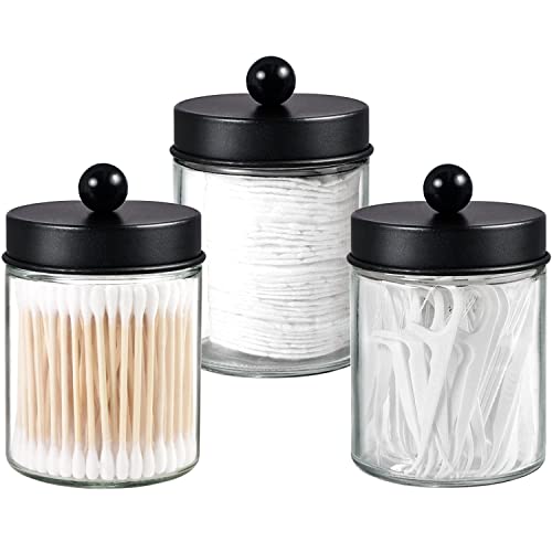 3 Pack Apothecary Jar Canisters Bathroom Vanity Organizer - Qtip Holder Storage Organizer Set Countertop Canister with Stainless Steel Lids &Cute Stickers for Qtips,Cotton Swabs,Makeup Sponges,Floss (Black)