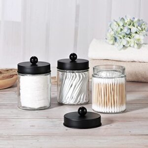 3 Pack Apothecary Jar Canisters Bathroom Vanity Organizer - Qtip Holder Storage Organizer Set Countertop Canister with Stainless Steel Lids &Cute Stickers for Qtips,Cotton Swabs,Makeup Sponges,Floss (Black)