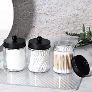 3 Pack Apothecary Jar Canisters Bathroom Vanity Organizer - Qtip Holder Storage Organizer Set Countertop Canister with Stainless Steel Lids &Cute Stickers for Qtips,Cotton Swabs,Makeup Sponges,Floss (Black)