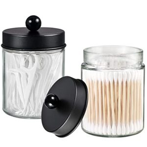 3 Pack Apothecary Jar Canisters Bathroom Vanity Organizer - Qtip Holder Storage Organizer Set Countertop Canister with Stainless Steel Lids &Cute Stickers for Qtips,Cotton Swabs,Makeup Sponges,Floss (Black)