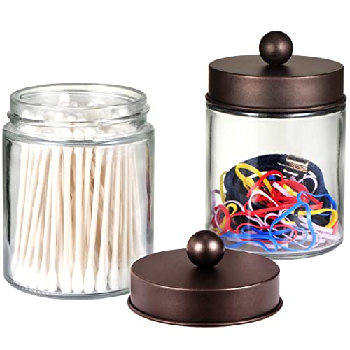 Apothecary Jars Bathroom Storage Organizer - Cute Qtip Dispenser Holder Vanity Canister Jar Glass with Lid for Cotton Swabs,Rounds,Bath Salts,Makeup Sponges,Hair Accessories/Bronze (2 Pack)