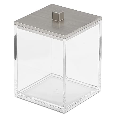 mDesign Modern Square Bathroom Vanity Countertop Storage Organizer Canister Jar for Cotton Swabs, Rounds, Balls, Makeup Sponges, Bath Salts - Clear/Brushed/Chrome