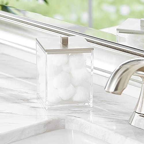 mDesign Modern Square Bathroom Vanity Countertop Storage Organizer Canister Jar for Cotton Swabs, Rounds, Balls, Makeup Sponges, Bath Salts - Clear/Brushed/Chrome