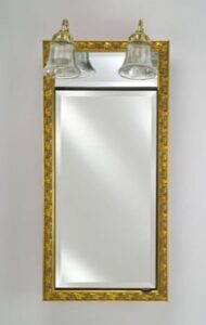 signature single door medicine cabinet with traditional lights finish: parliament-honey, size: 17” x 30”