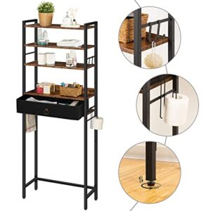 HOOBRO Over The Toilet Storage, 5 Tier Bathroom Organizer with Storage Drawer, Freestanding Bathroom Spacesaver with Laundry Hooks, Toilet Paper Holder, Stable and Sturdy, Rustic Brown BF51TS01