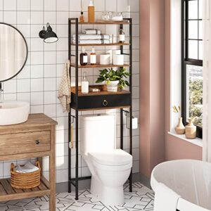 HOOBRO Over The Toilet Storage, 5 Tier Bathroom Organizer with Storage Drawer, Freestanding Bathroom Spacesaver with Laundry Hooks, Toilet Paper Holder, Stable and Sturdy, Rustic Brown BF51TS01