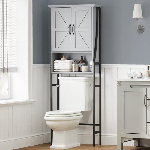 MXARLTR Over The Toilet Storage Cabinet, Over Toilet Bathroom Organizer with Barn Doors Above Toilet Storage Cabinet Rack Spacesaver Cabinet Behind Toilet Bathroom Organizer (Gray)