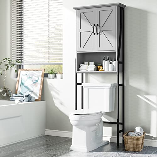 MXARLTR Over The Toilet Storage Cabinet, Over Toilet Bathroom Organizer with Barn Doors Above Toilet Storage Cabinet Rack Spacesaver Cabinet Behind Toilet Bathroom Organizer (Gray)