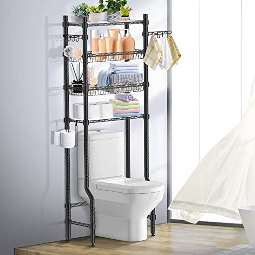 Bathroom Over the Toilet Storage Shelf - Over Toilet Bathroom Organizer Rack with 4 Tier Bathroom Space Saver Toilet Stand Shelves Bathroom Stand Above Toilet Bathroom Rack Organizer Over Toilet,Black